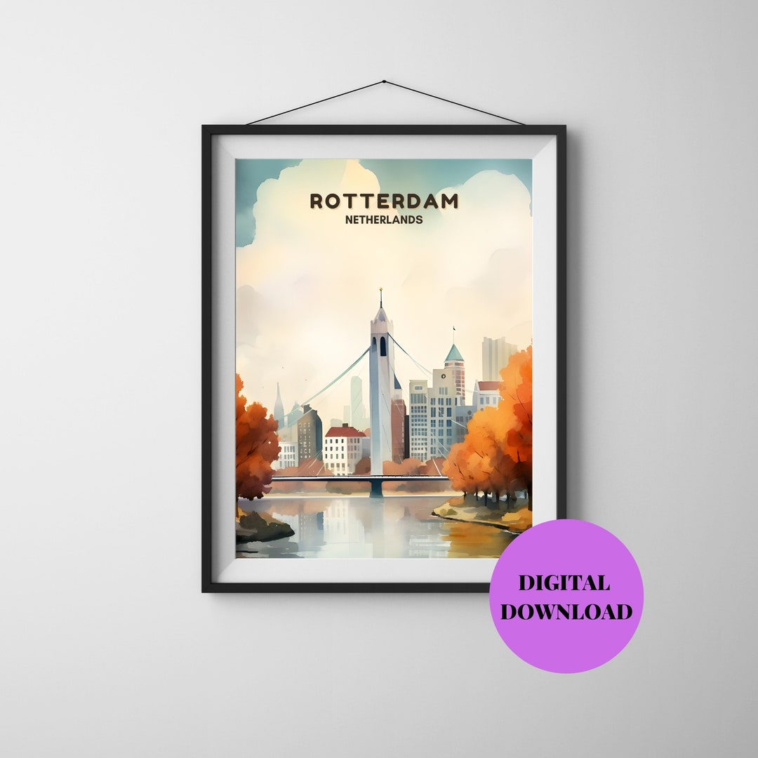 Rotterdam Print, Netherlands Skyline Wall Art, Netherlands Retro Travel ...