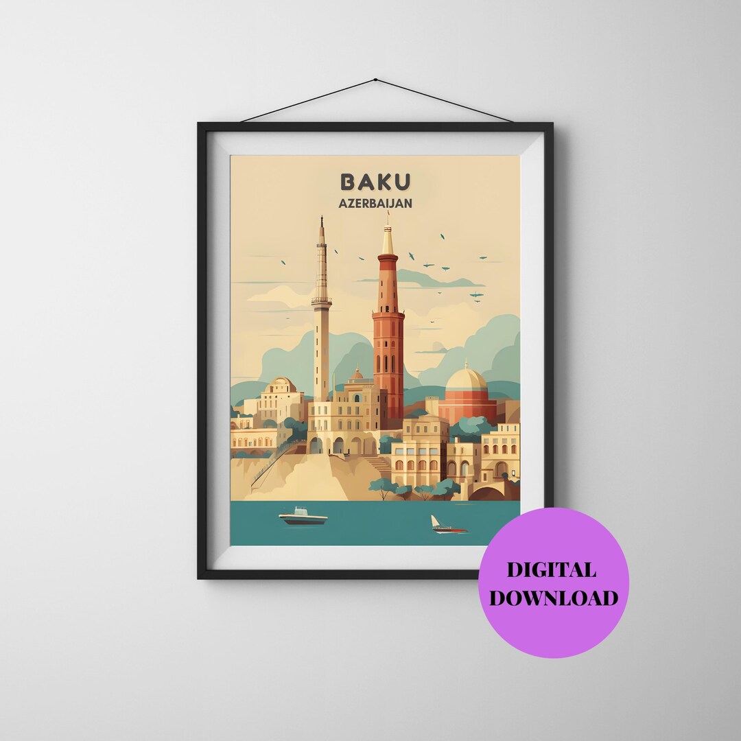 Baku Poster, Aserbaidschan Skyline Wandkunst, Retro Reise Poster ...