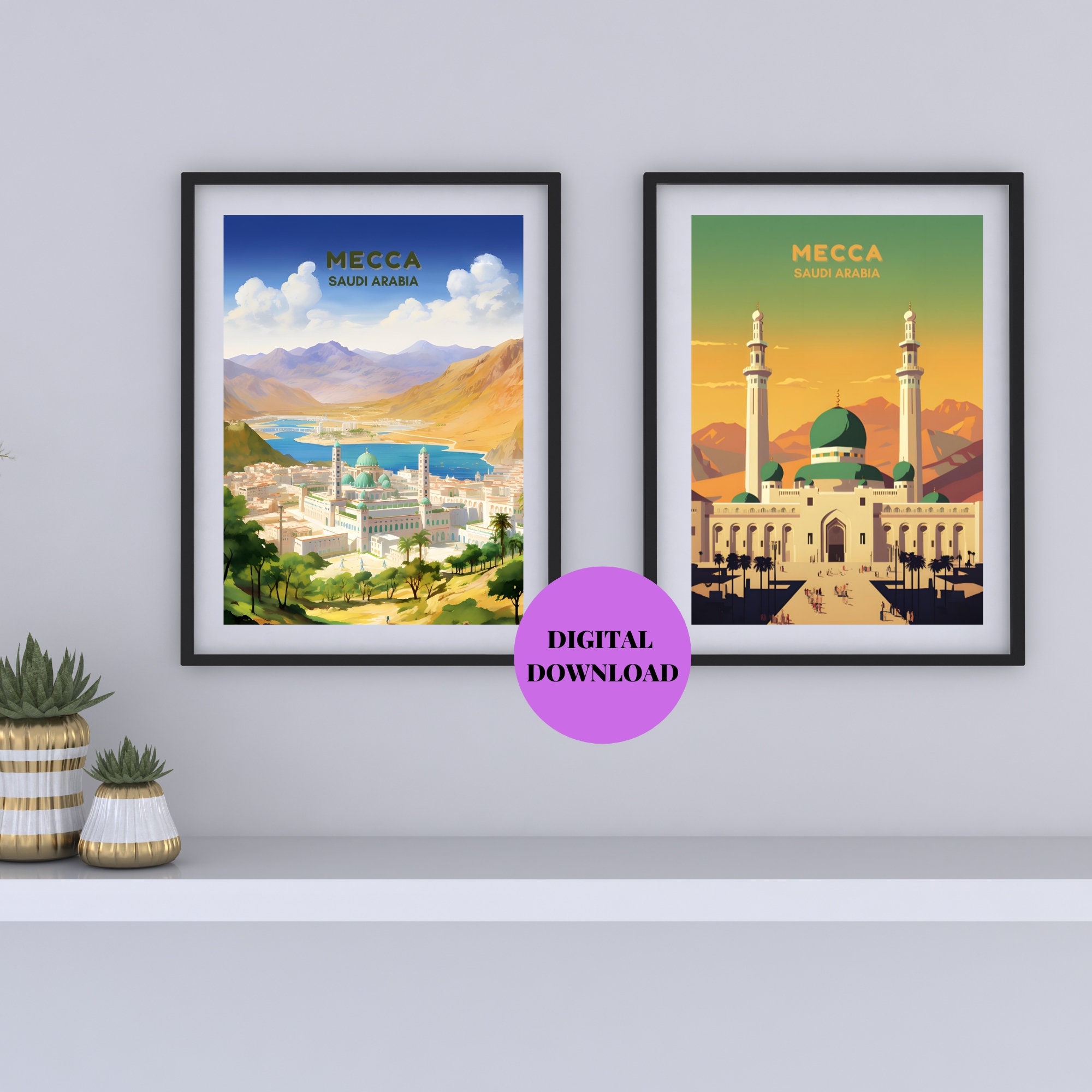 Mecca Print, Saudi Arabia Skyline Wall Art, Retro Travel Poster, Saudi ...