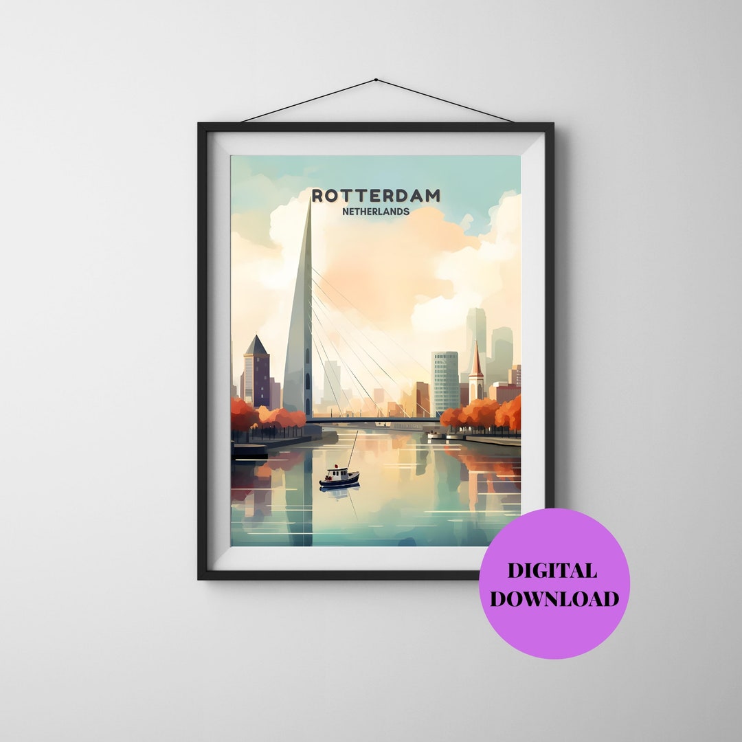 Rotterdam Print, Netherlands Skyline Wall Art, Netherlands Retro Travel ...