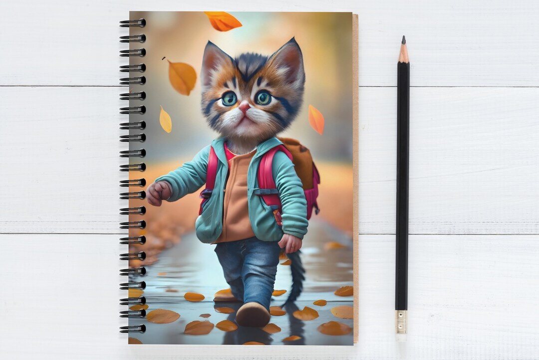 Back to School Kitty Notebook, Fall Leaves Falling, Cute Cat Notebook ...