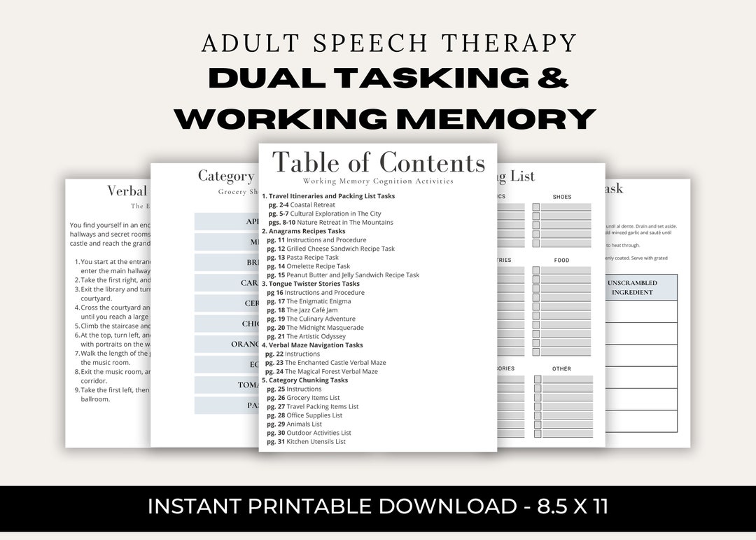 Working Memory Dual Tasking Activities for Adult Speech Therapy, Medical SLP, Patient Worksheets ...