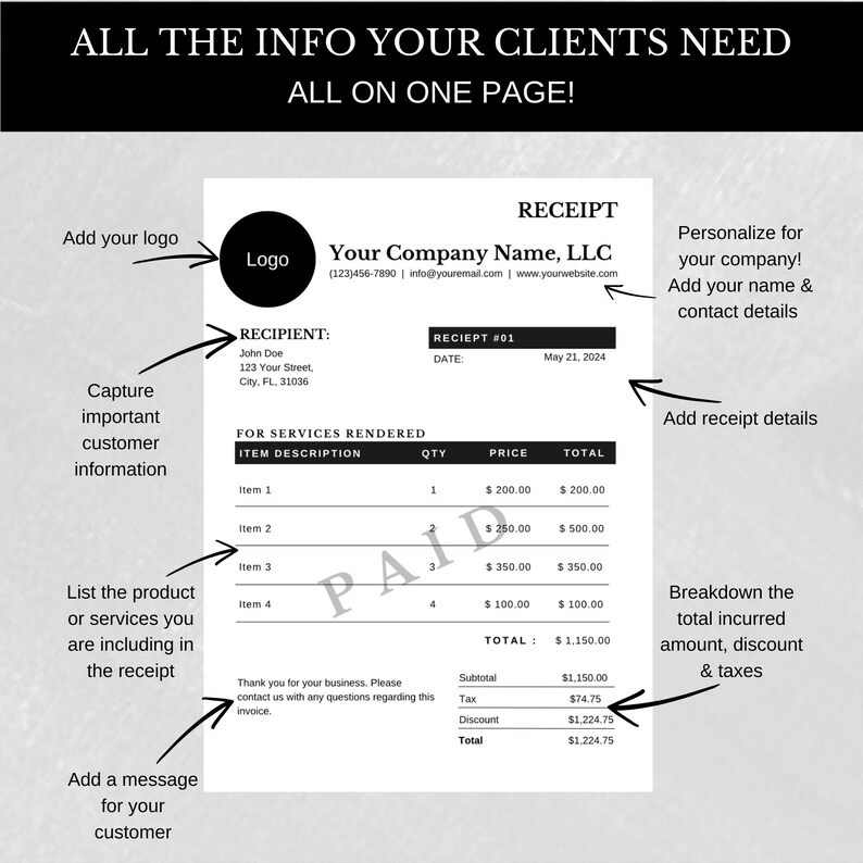 Editable Receipt Template, Small Business Digital Receipt, Customer ...