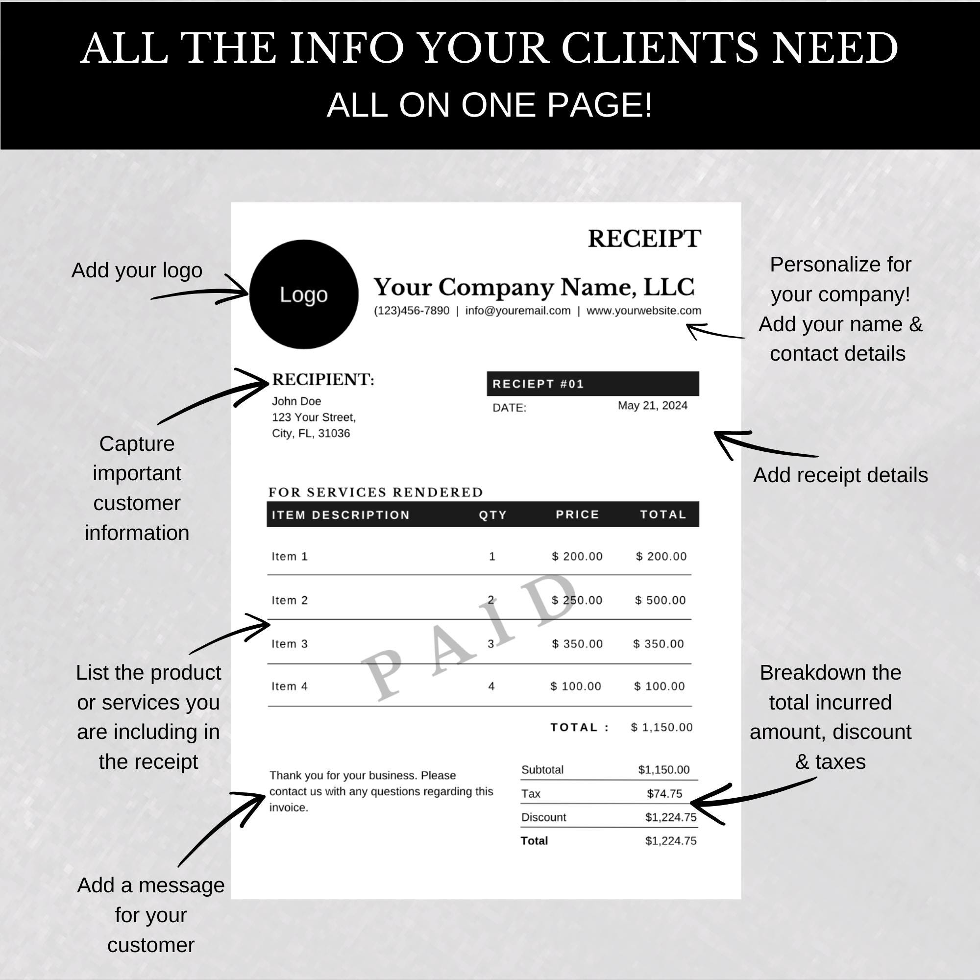 Editable Receipt Template, Small Business Digital Receipt, Customer ...