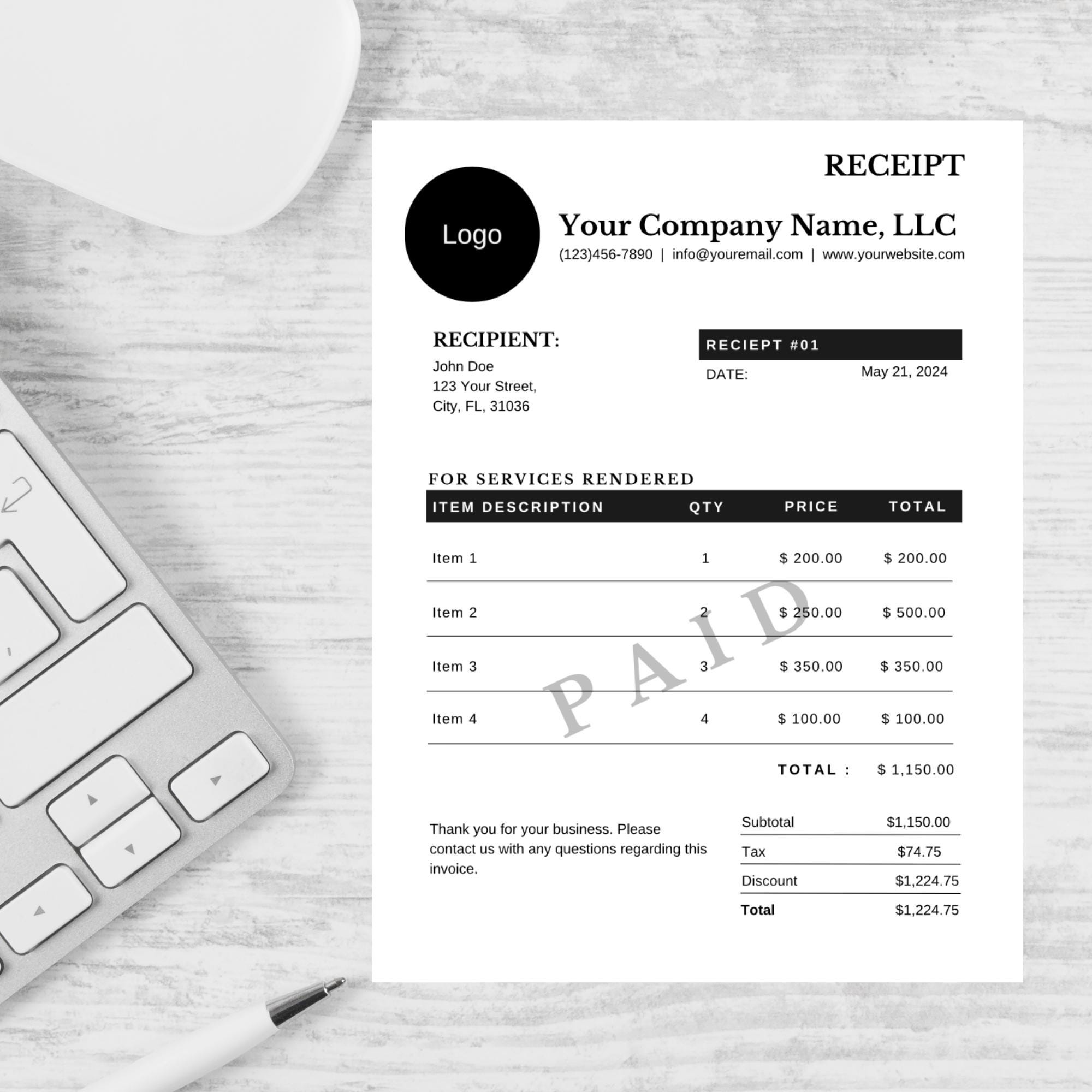 Editable Receipt Template, Small Business Digital Receipt, Customer ...