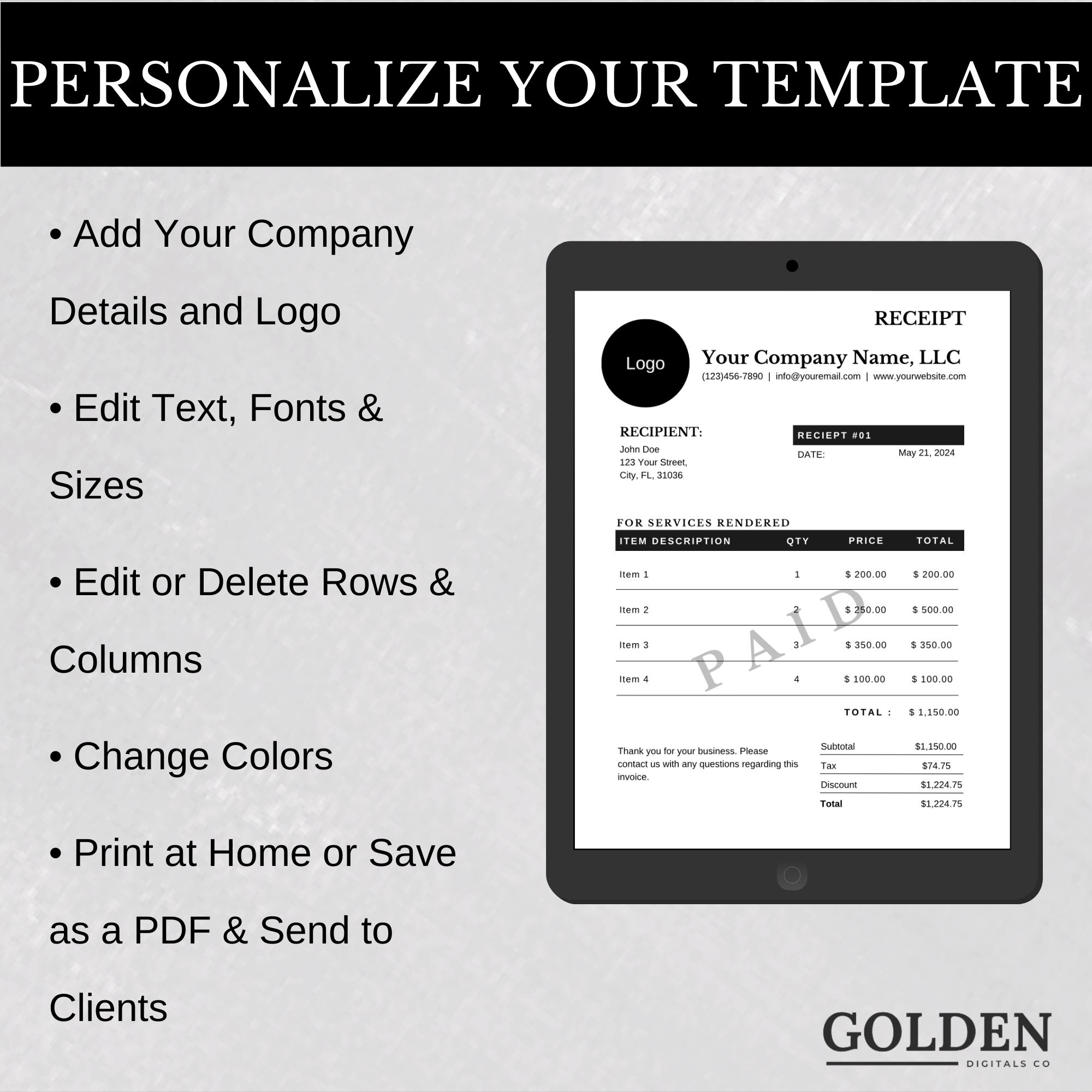 Editable Receipt Template, Small Business Digital Receipt, Customer ...