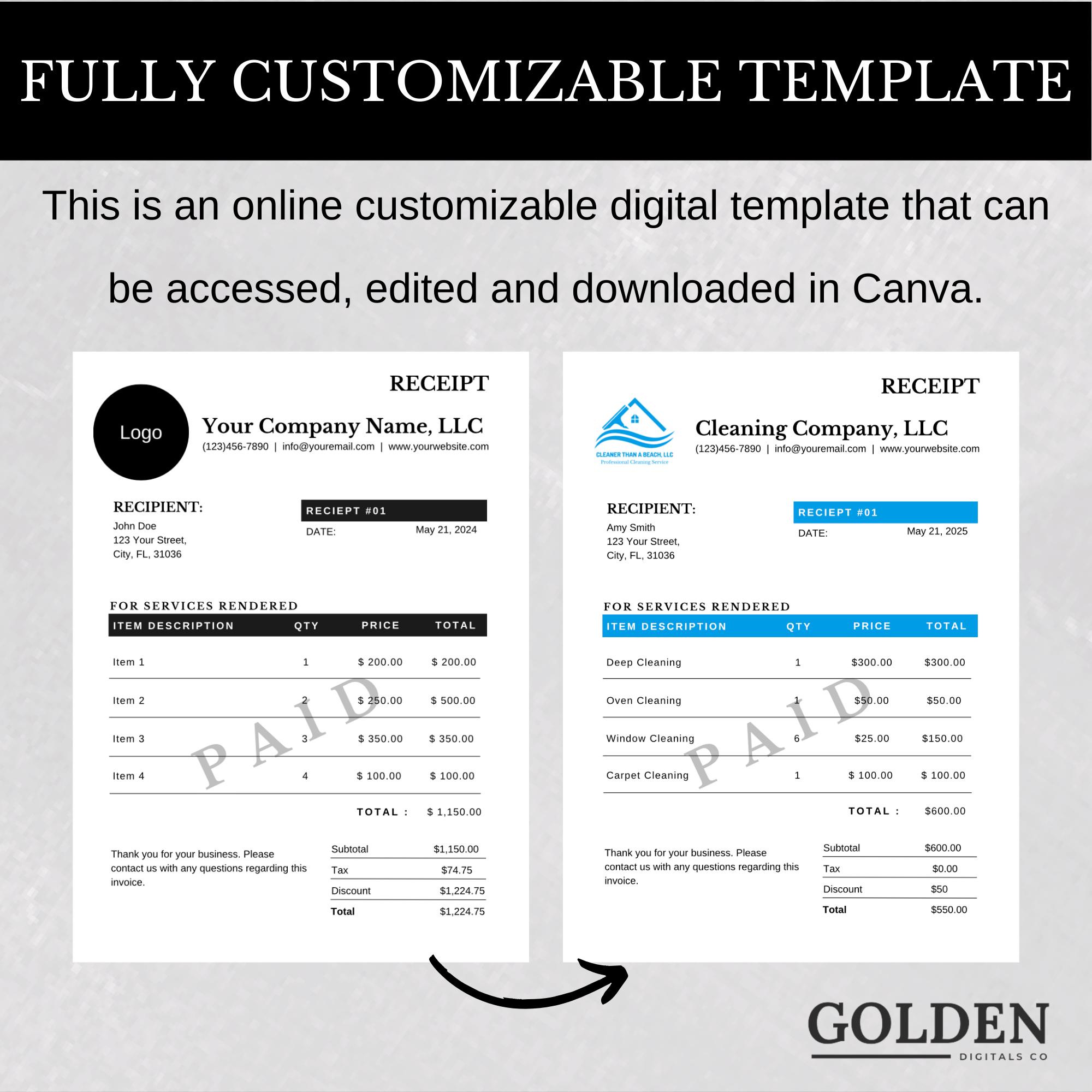 Editable Receipt Template, Small Business Digital Receipt, Customer ...