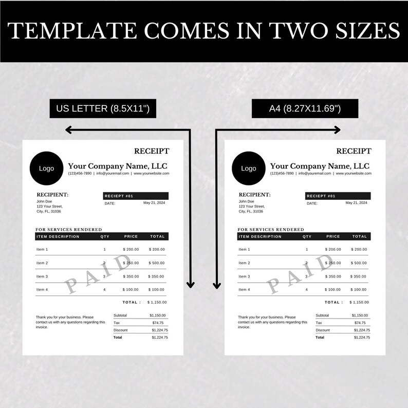 Editable Receipt Template, Small Business Digital Receipt, Customer ...