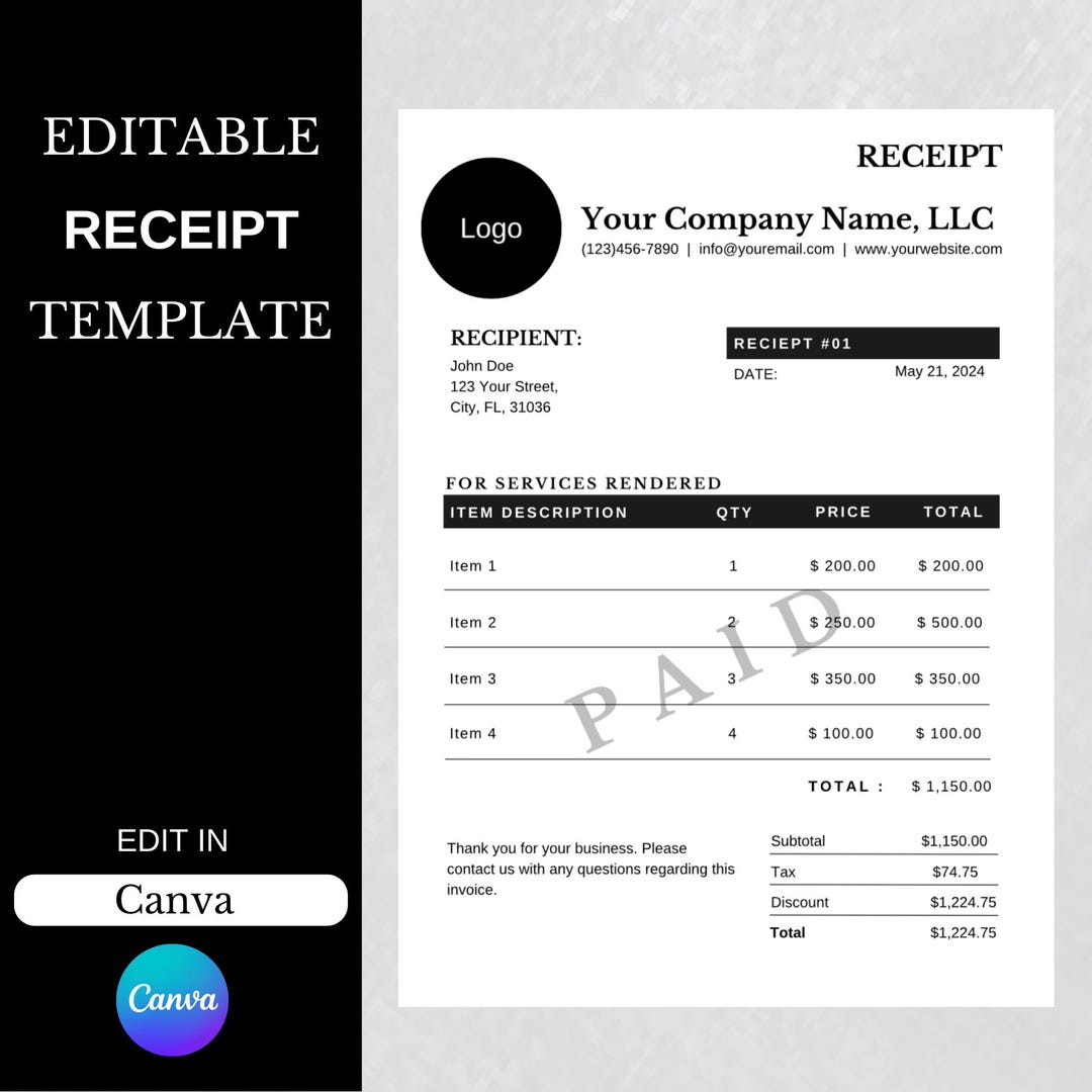 Editable Receipt Template, Small Business Digital Receipt, Customer ...