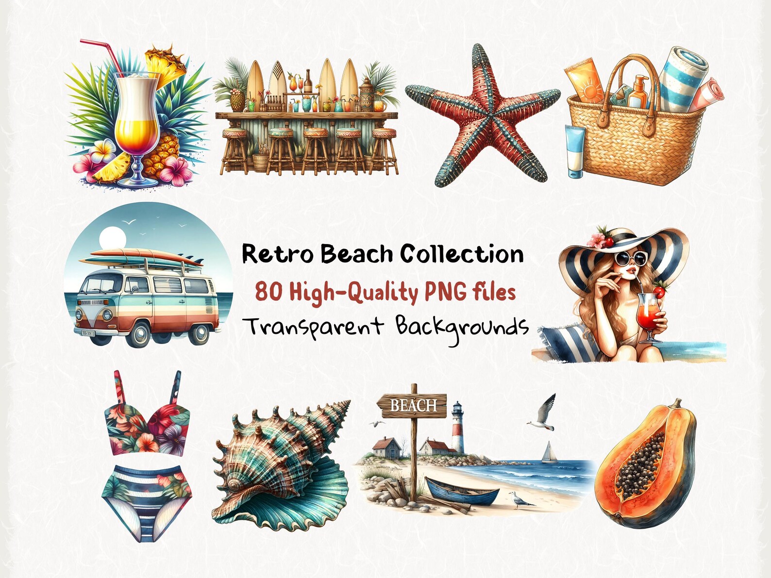 80 Retro Beach Clipart Bundle | Vintage-inspired Pngs for Summer Crafts ...