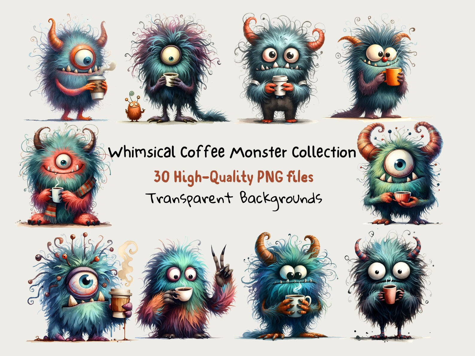 30 Whimsical Coffee Monster Clipart Bundle Unique Quirky Coffee ...