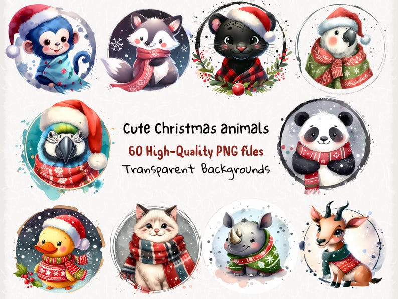 60 Christmas Animals Clipart: Cute Festive PNG Bundle (digital Download ...