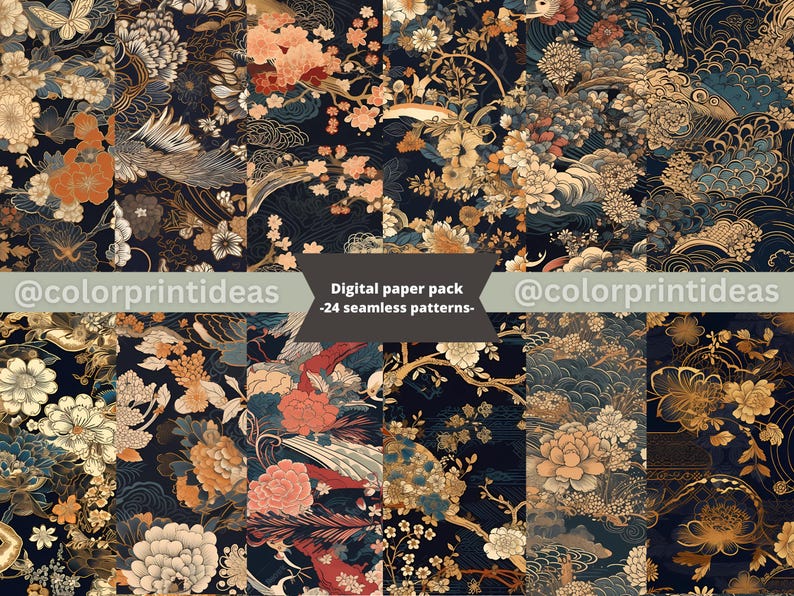 24 Elegant Japanese Seamless Patterns: Floral Traditional Digital Paper ...