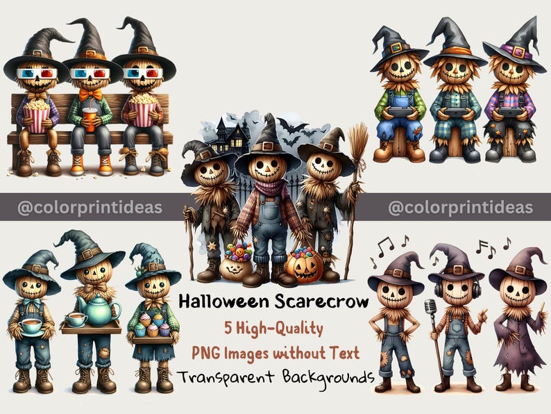 Whimsical Halloween Scarecrow Clipart: Pngs for Sublimation, Crafts ...
