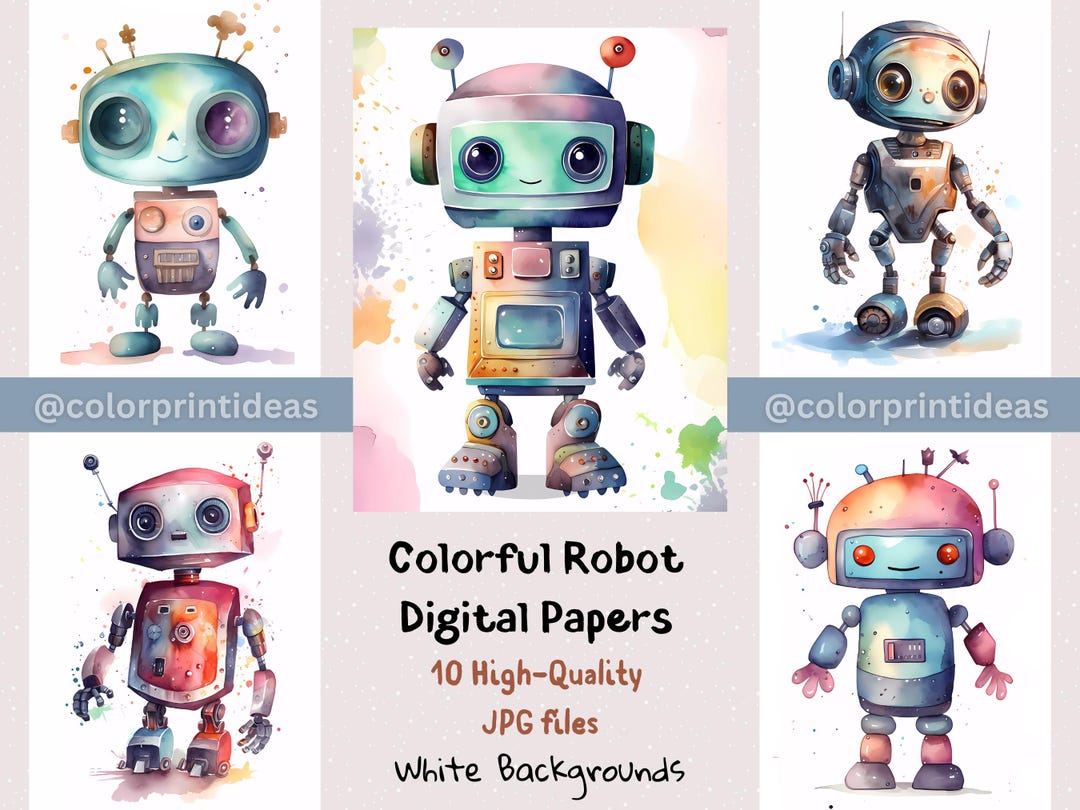 Watercolor Robot Digital Paper Pack: 10 Colorful Kids Art (digital ...