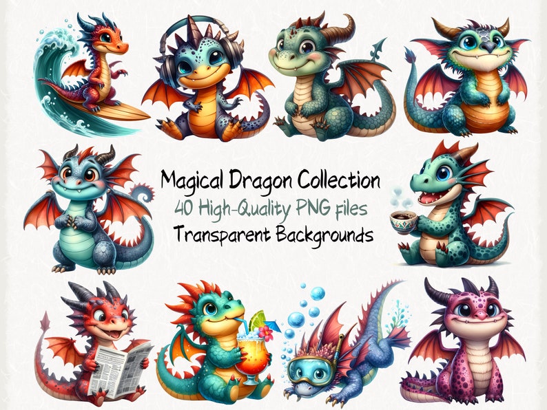 Whimsical Dragon Clipart PNG Bundle: 40 Fantasy Designs (digital ...