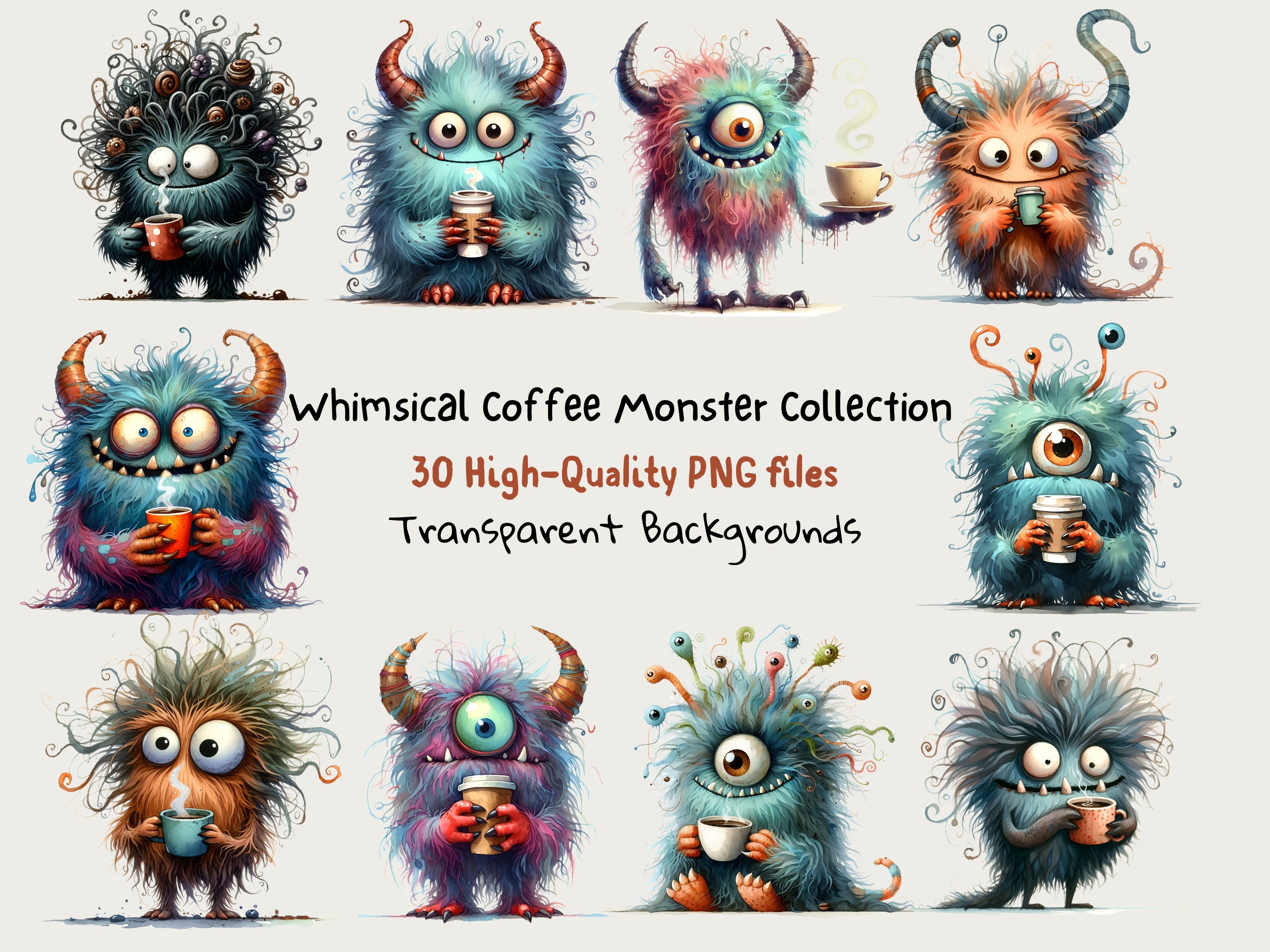 30 Whimsical Coffee Monster Clipart Bundle Unique Quirky Coffee ...