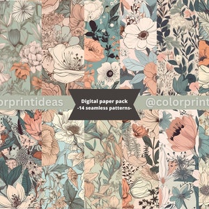 Vintage Botanical Flowers Digital Paper Set, 14 Seamless Floral ...