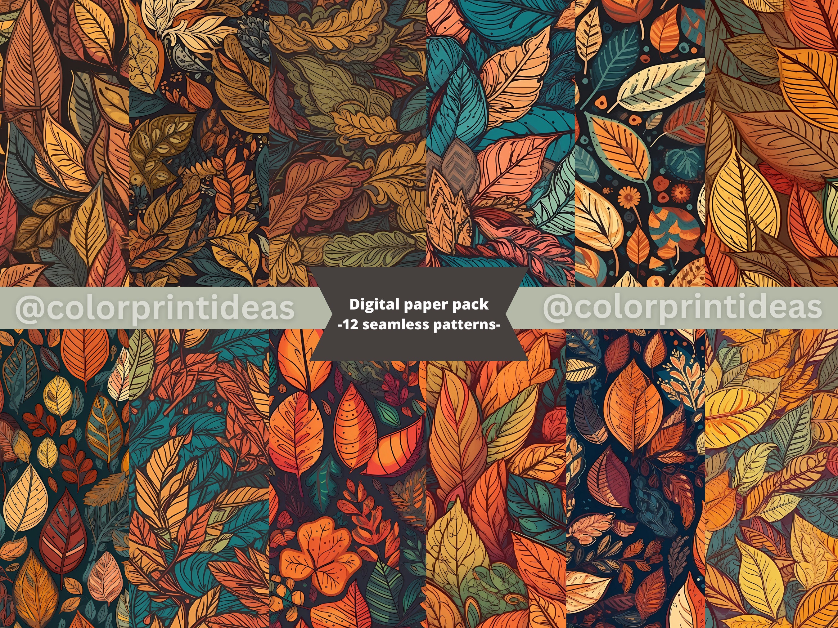 Autumn Leaf Digital Paper Set, 12 Seamless Fall Patterns for Crafts ...