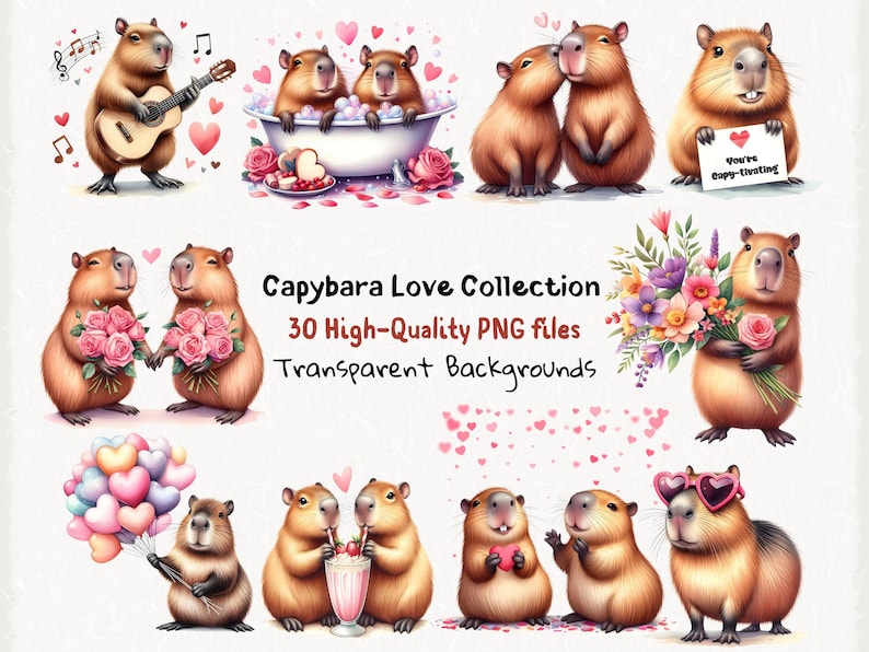 Paquete de 30 imágenes prediseñadas de amor de capibara: adorables y ...