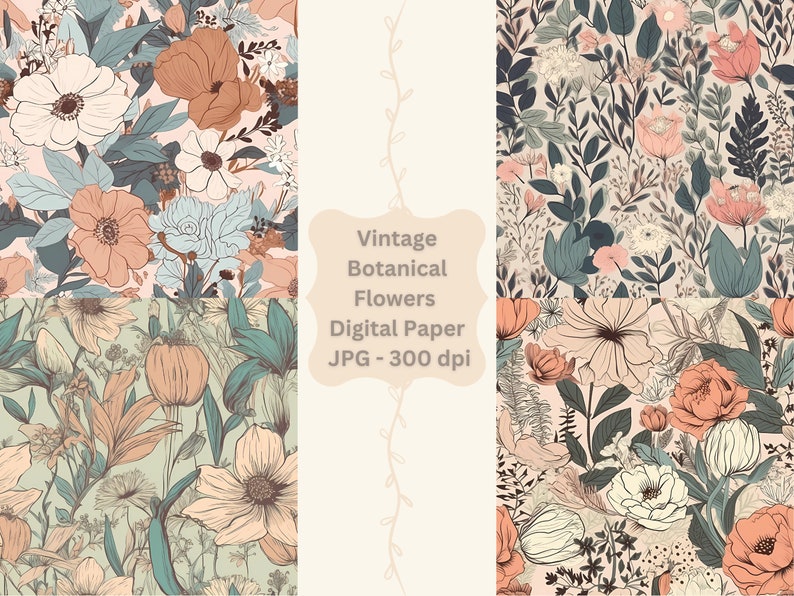 Vintage Botanical Flowers Digital Paper Set, 14 Seamless Patterns for ...