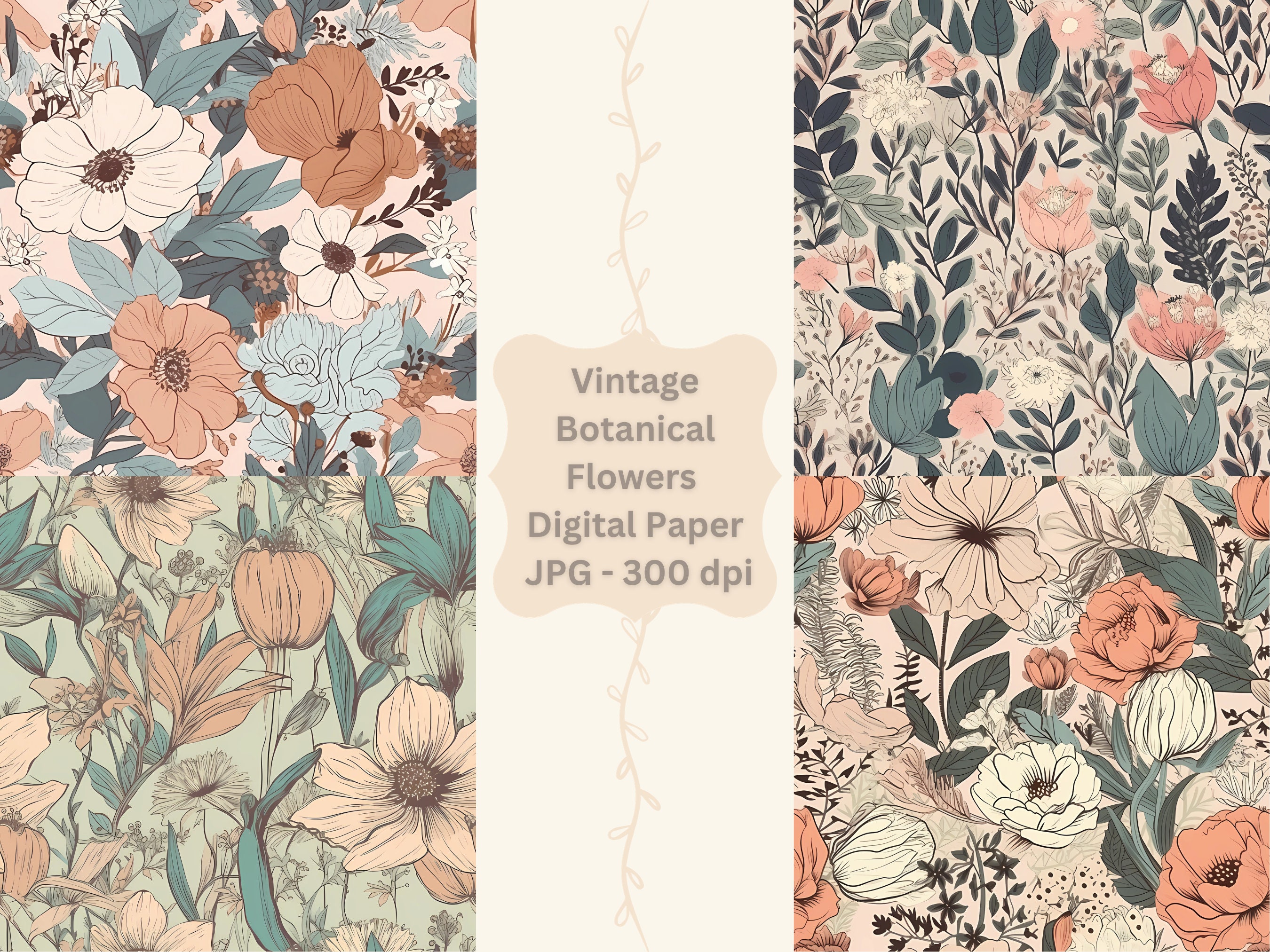 Vintage Botanical Flowers Digital Paper Set, 14 Seamless Patterns for ...