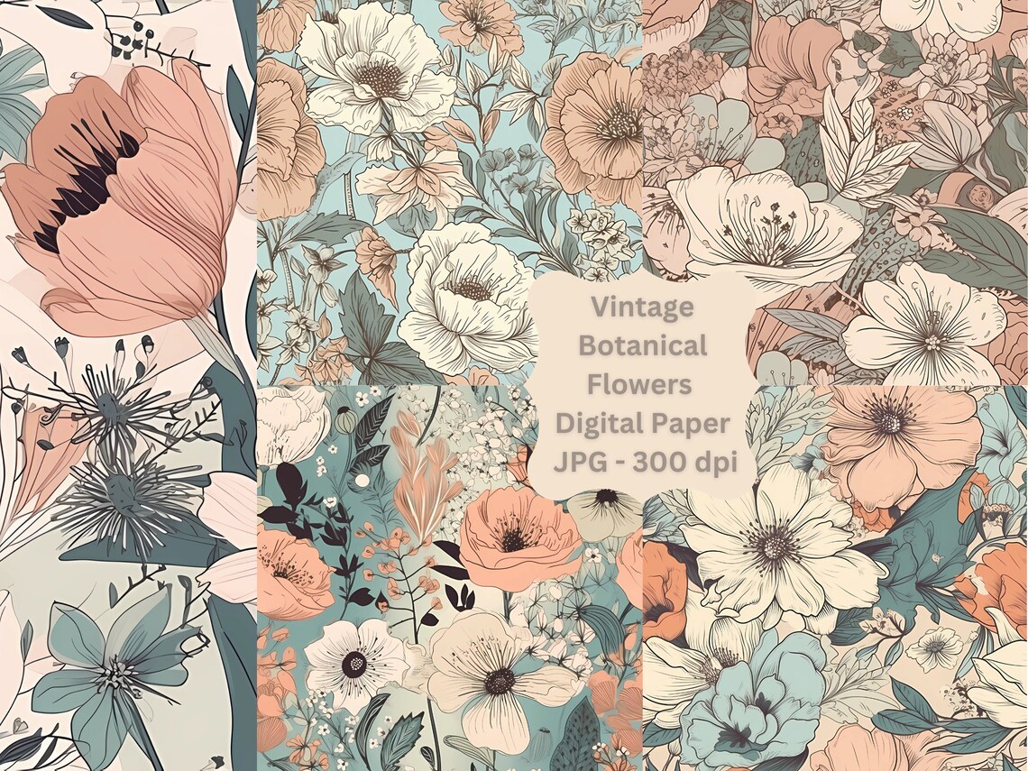 Vintage Botanical Flowers Digital Paper Set, 14 Seamless Patterns for ...