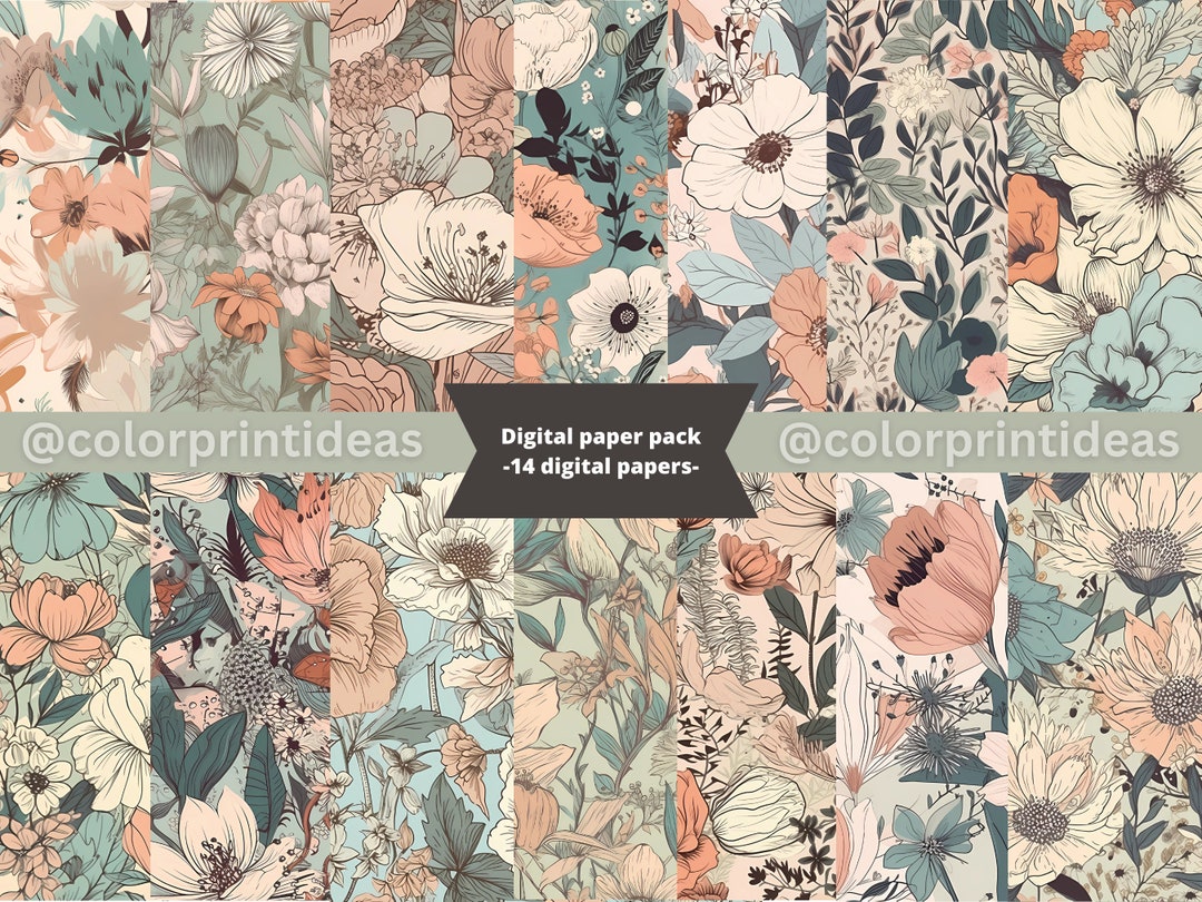 Vintage Botanical Flowers Digital Paper Set, 14 Seamless Patterns for ...