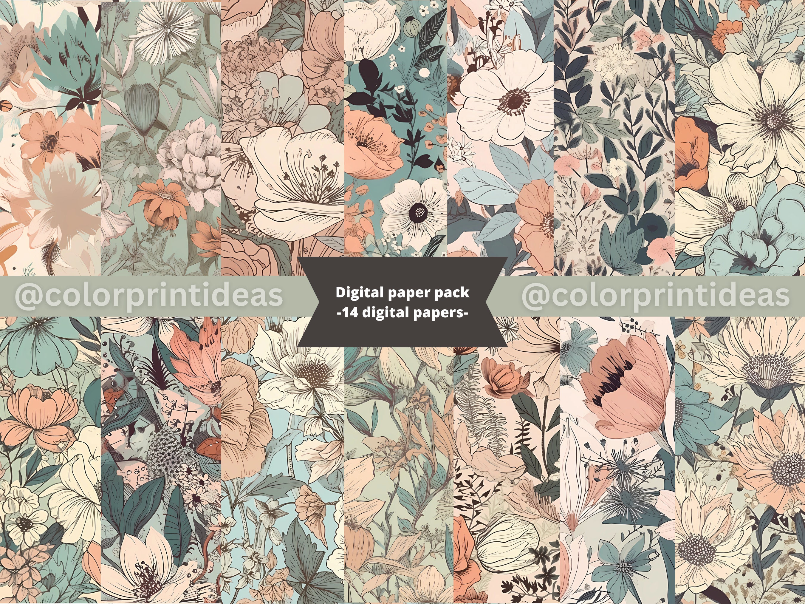 Vintage Botanical Flowers Digital Paper Set, 14 Seamless Patterns for ...