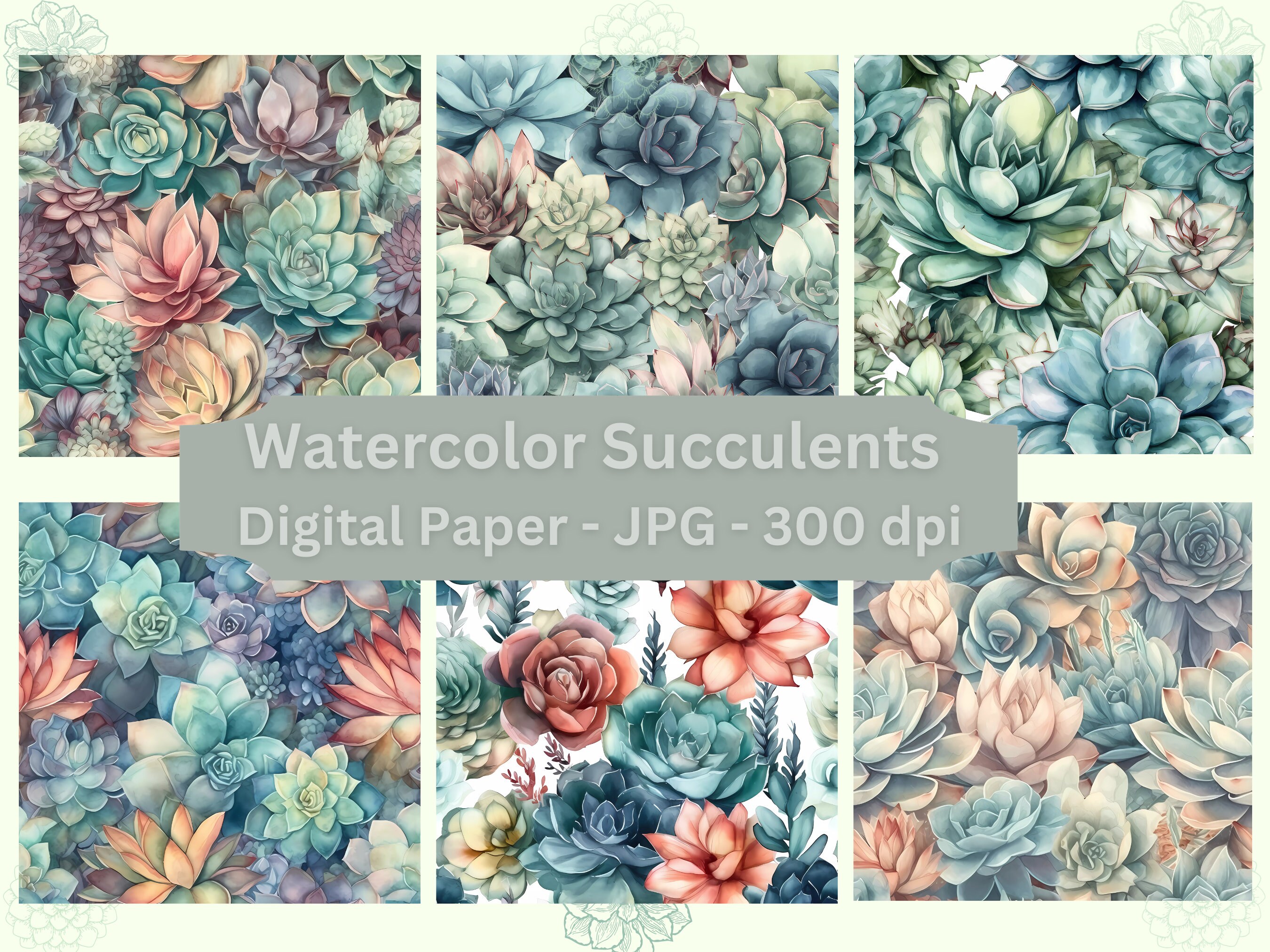 Watercolor Succulents Digital Paper Set, 12 Seamless Patterns for ...