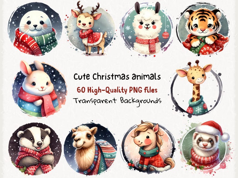 60 Christmas Animals Clipart: Cute Festive PNG Bundle (digital Download ...