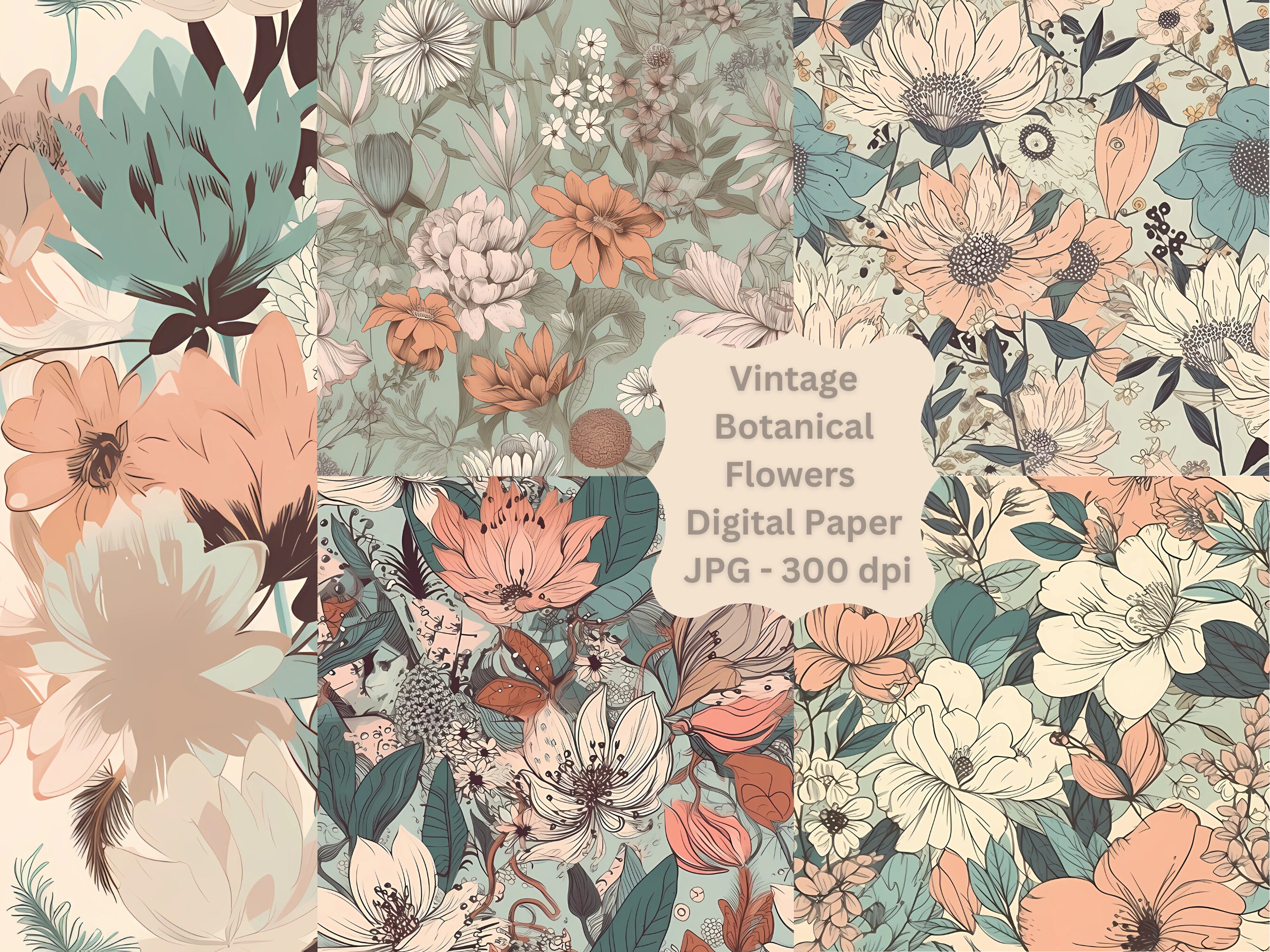 Vintage Botanical Flowers Digital Paper Set, 14 Seamless Patterns for ...