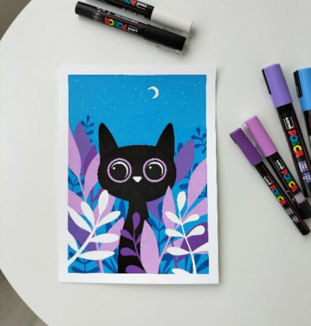 A5 Posca Original Painting owl Cat on Watercolor - Etsy