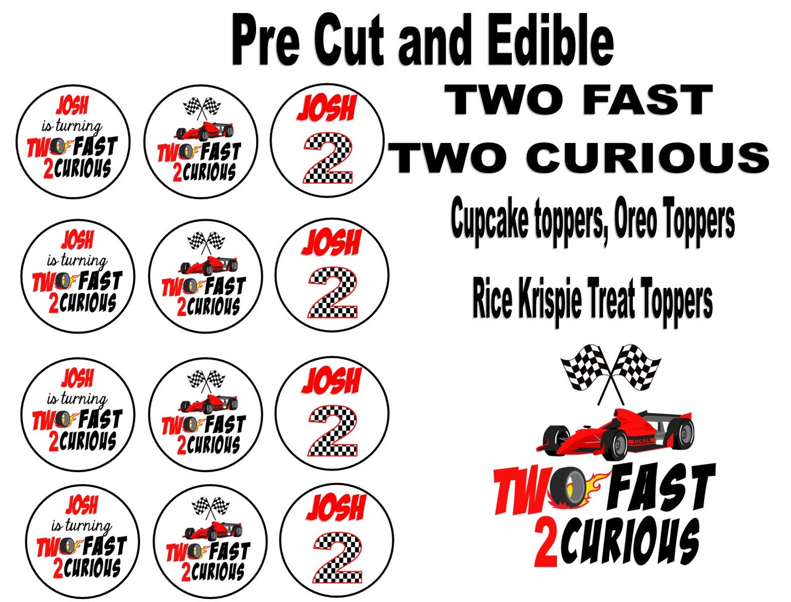 Edible Two Fast Two Curious Cupcake Topper, Rice Krispy Treat Topper ...