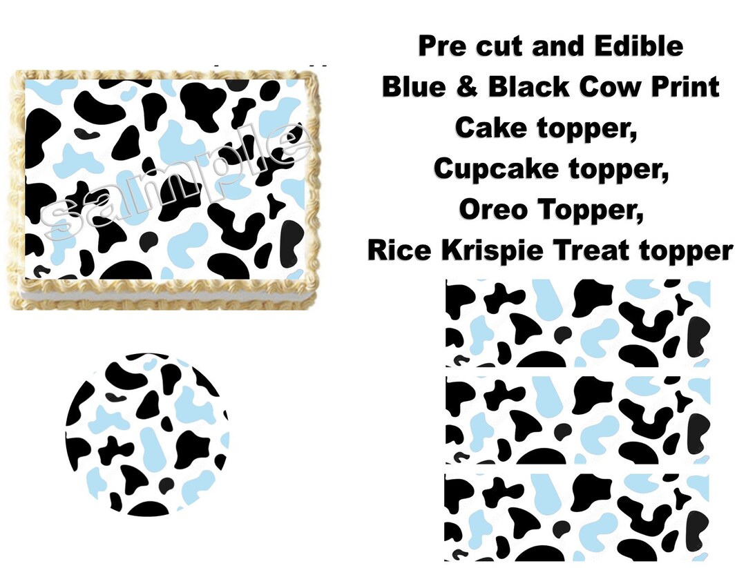 Edible Blue and Black Cow Print Pre Cut Cake, Cookie Cupcake Toppers ...