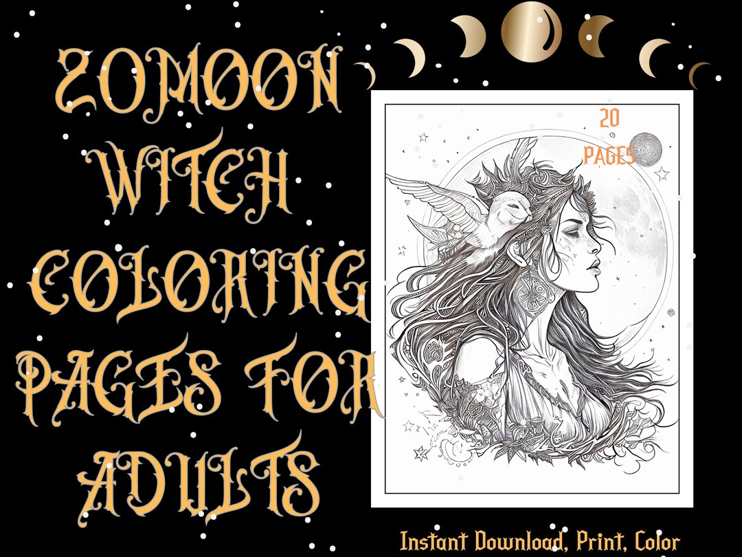 20 Page Fantasy Moon Witch Coloring Printable Pdf Book Pages for Adults ...