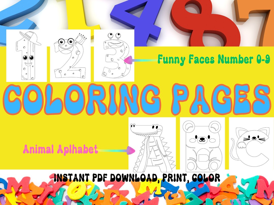 Animal Alphabet & Funny Faces Numbers 0-9 Coloring Printable Pdf Pages ...