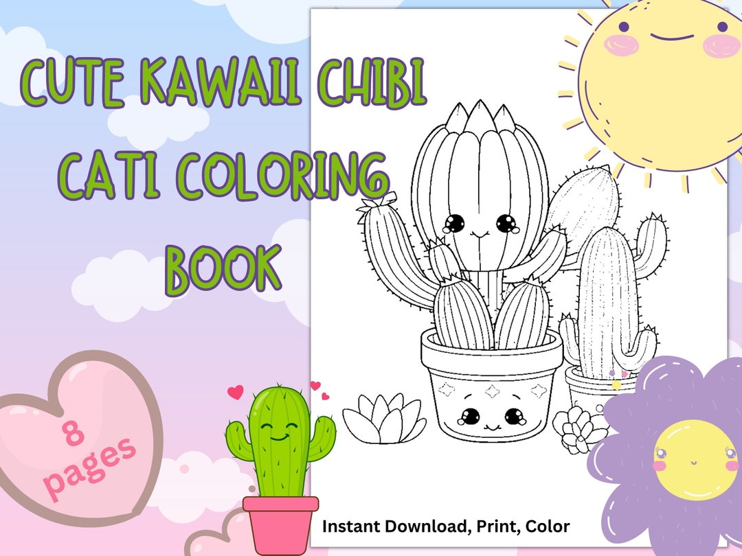 8 Cute Kawaii Chibi Cacti Printable Pdf Coloring Book Pages/sweet Cacti ...