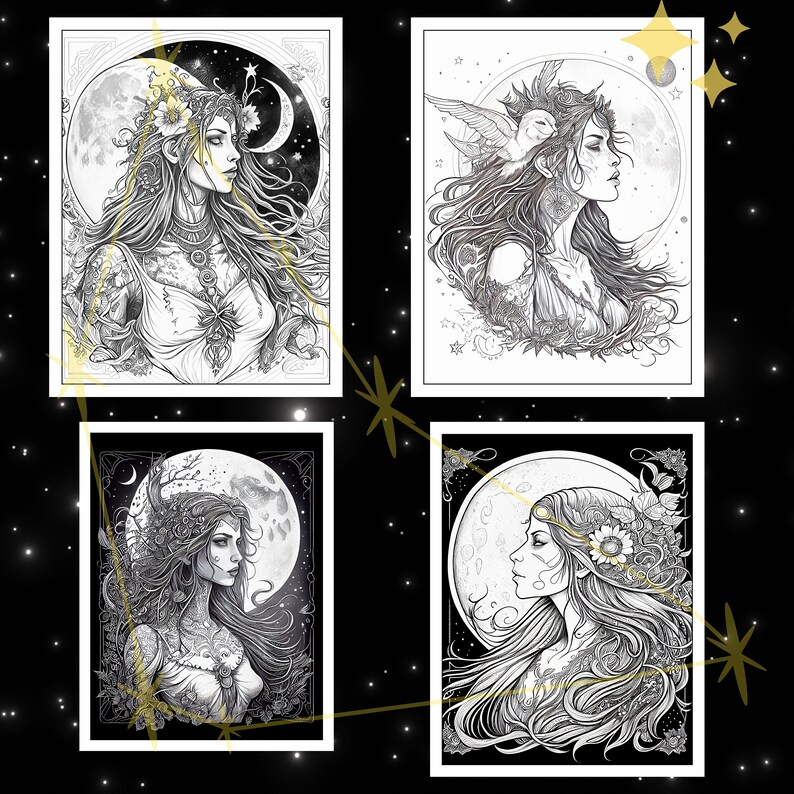 20 Page Fantasy Moon Witch Coloring Printable Pdf Book Pages for Adults ...