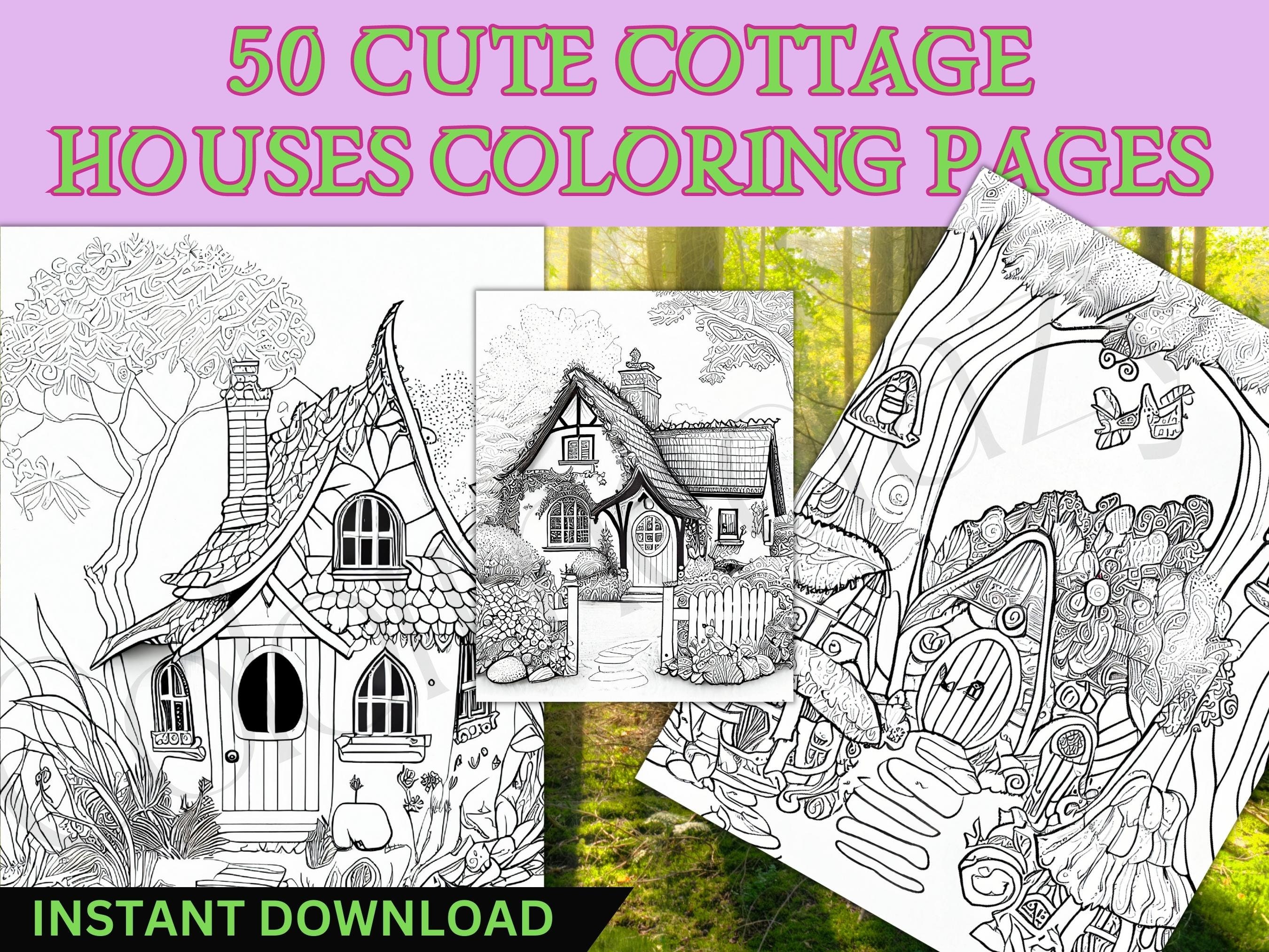 50 Cute Cottage Houses Coloring Book Pages/adult Coloring - Etsy