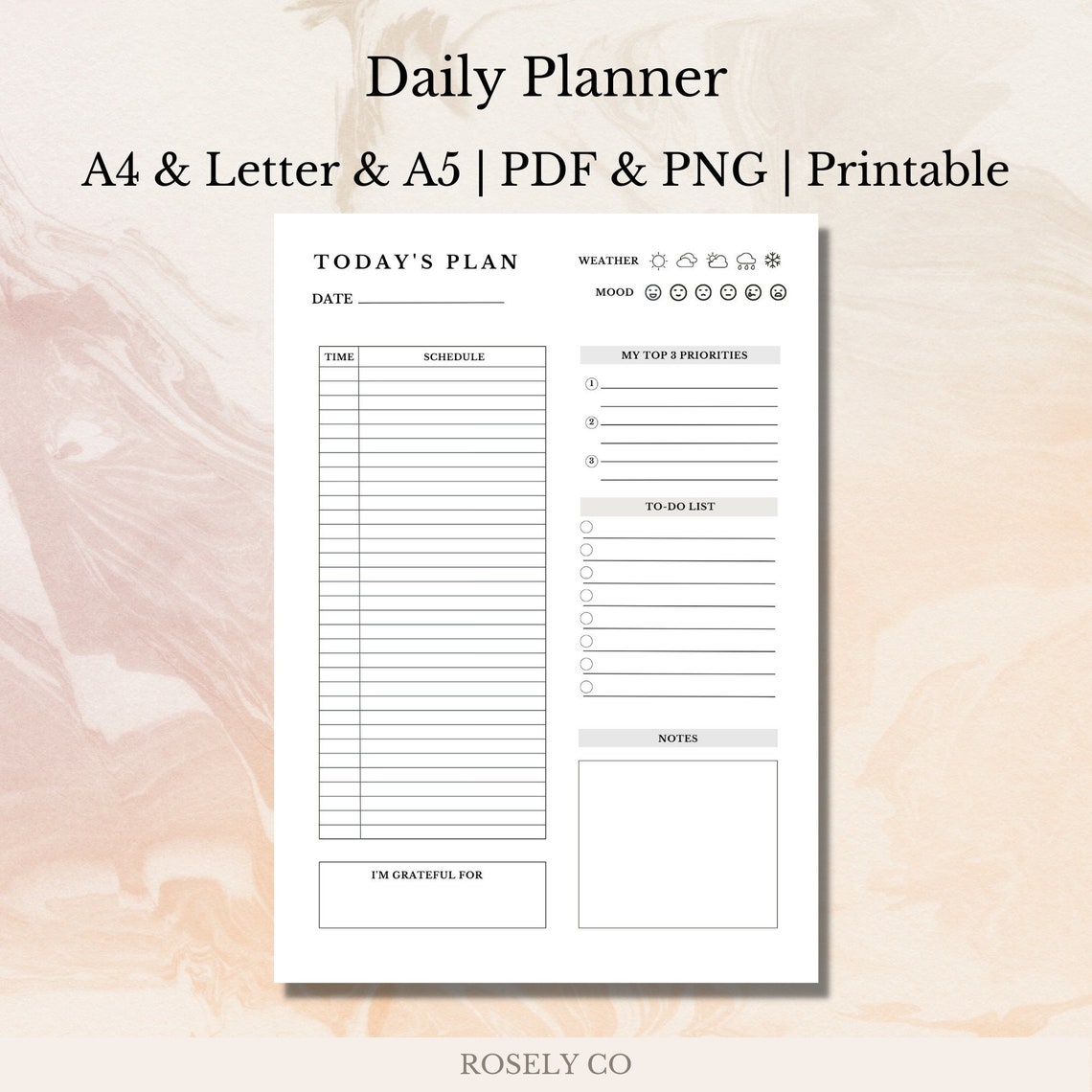 Undated Minimal Daily Planner Printable Planner A4, A5, Letter Daily ...
