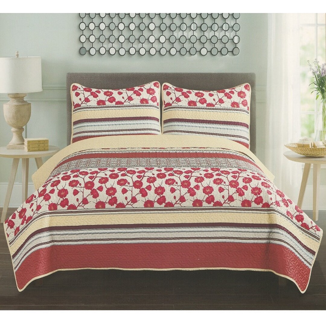 3 Piece Quilted Bedspread Set Poppy Flowers and Multicolor - Etsy