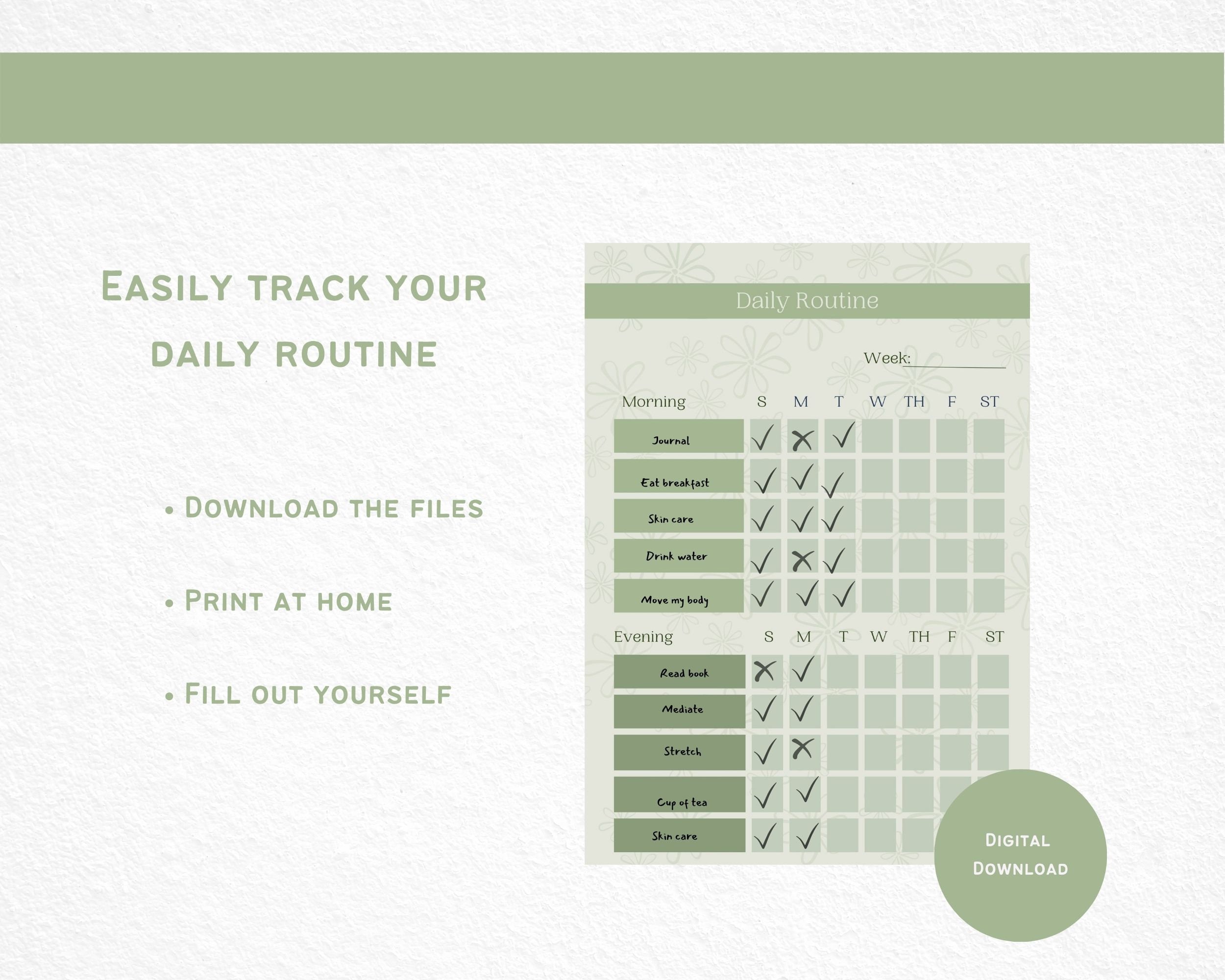 Green Floral Daily Routine Tracker, Planner Pages, Printable ...