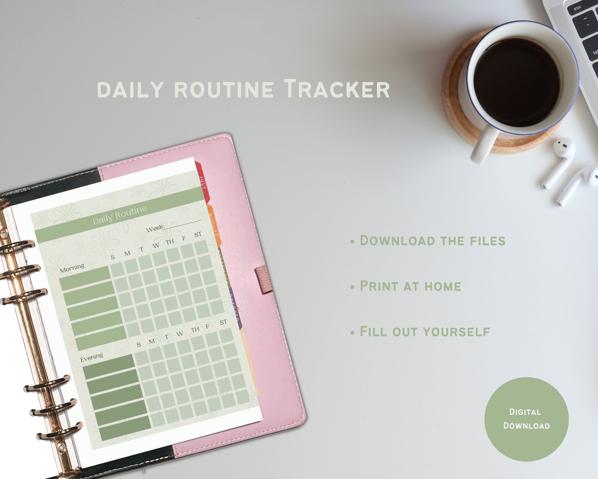 Green Floral Daily Routine Tracker, Planner Pages, Printable ...