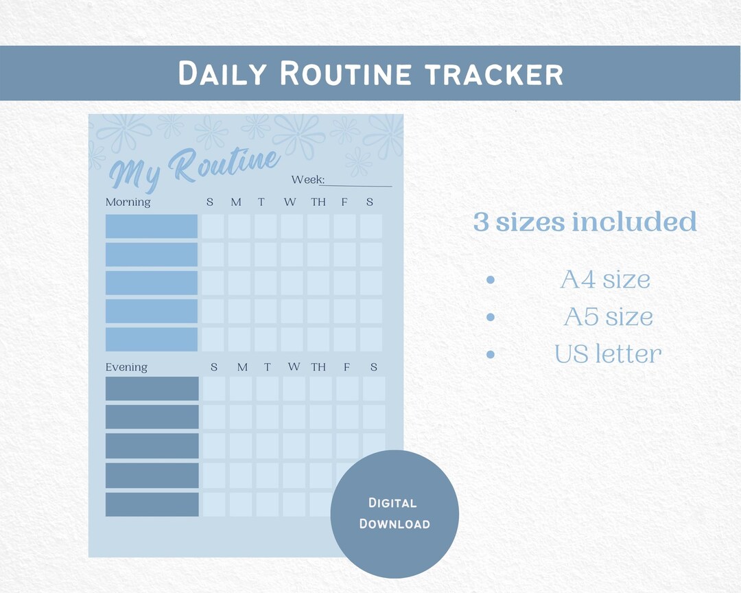 Blue Floral Daily Routine Tracker, Planner Pages, Printable ...