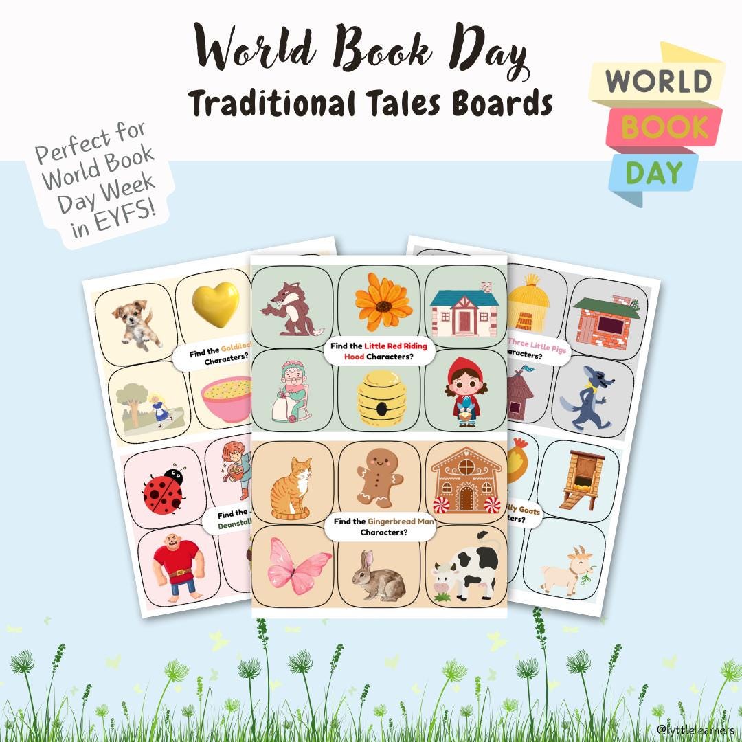 World Book Day Character Boards, Traditional Tales, EYFS, Homeschooling ...