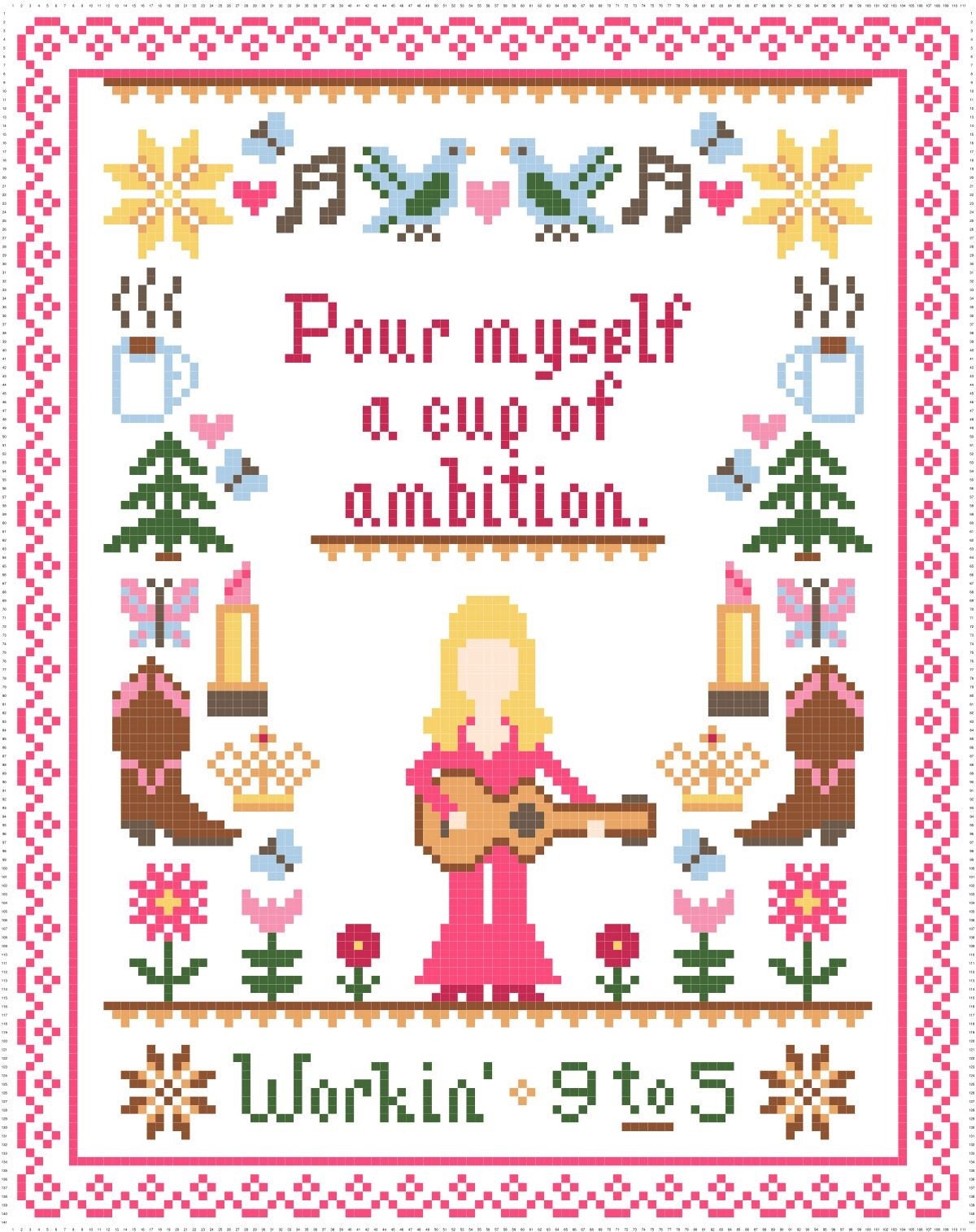 Dolly Parton "9 to 5" Cup of Ambition Cross Stitch Sampler Pattern ...