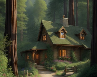 Quaint Stream Cottage Digital Painting, Forest, Camping, Hiking, River ...