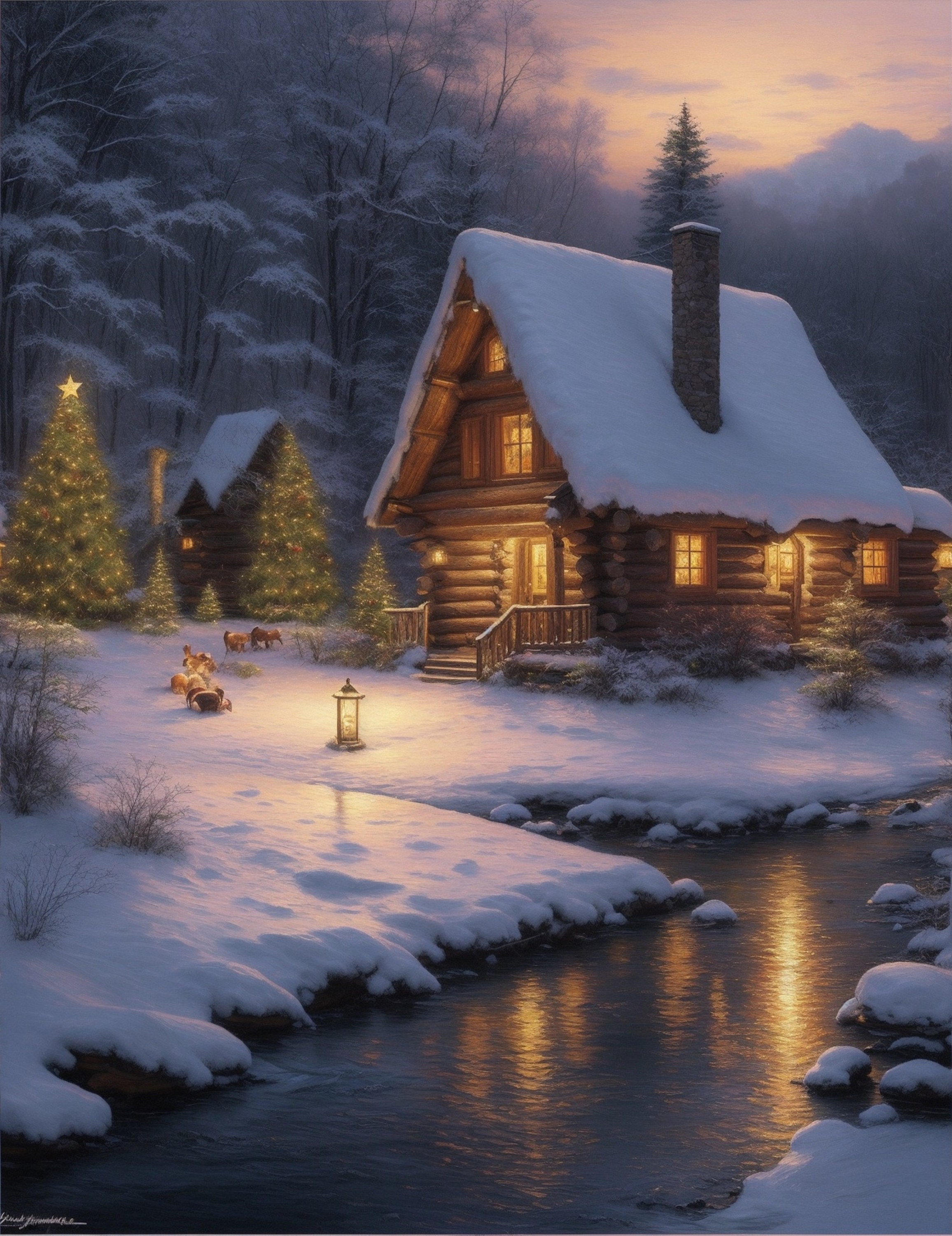 Cozy Christmas Log Cabin, Mountain Forest, Digital Painting, Printable ...
