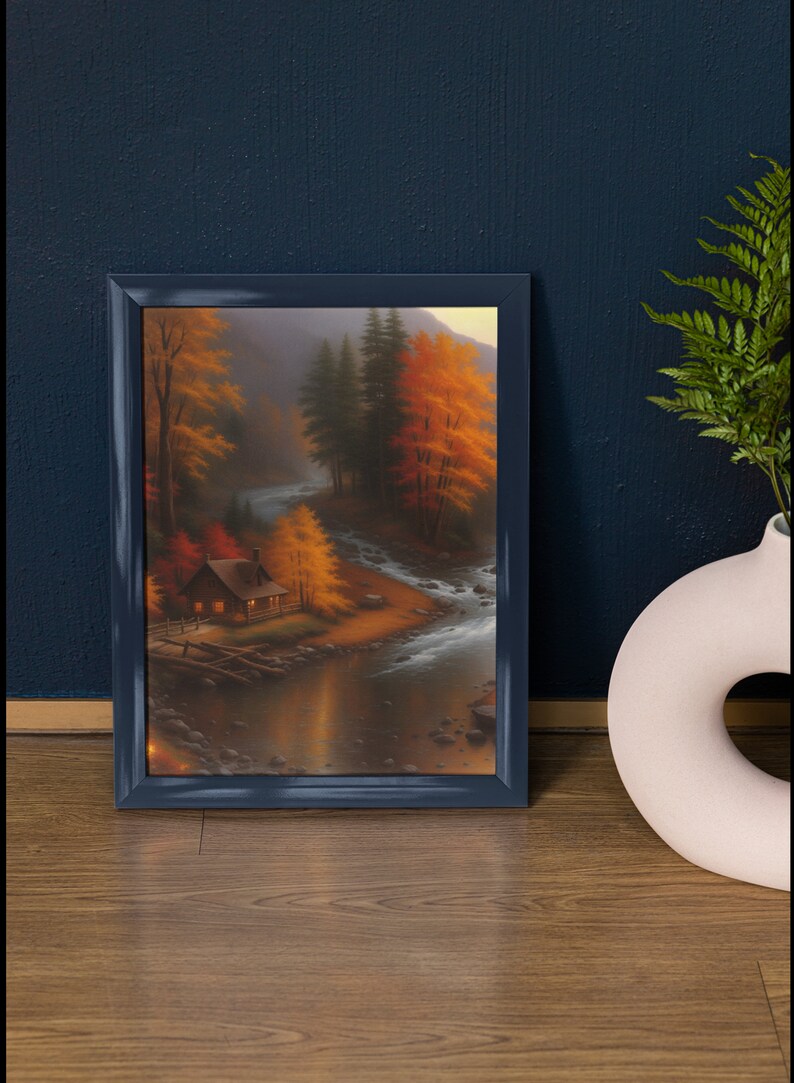 Log Cabin in Fall Time, Mountain Forest, Digital Painting, Printable ...